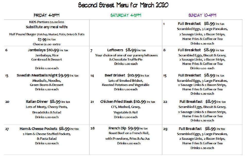 Menu at Second Street Cafe and Retail Shop, Natoma