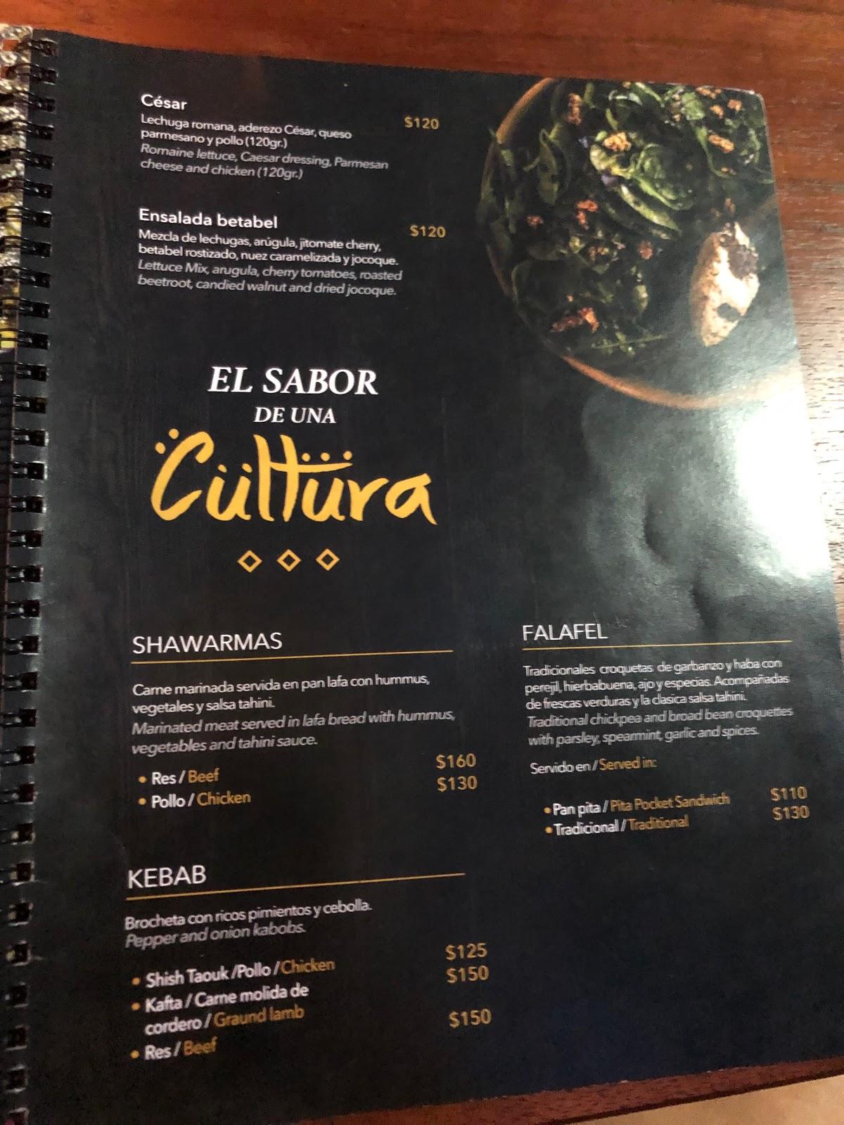 Menu at Tahini restaurant, Playa del Carmen