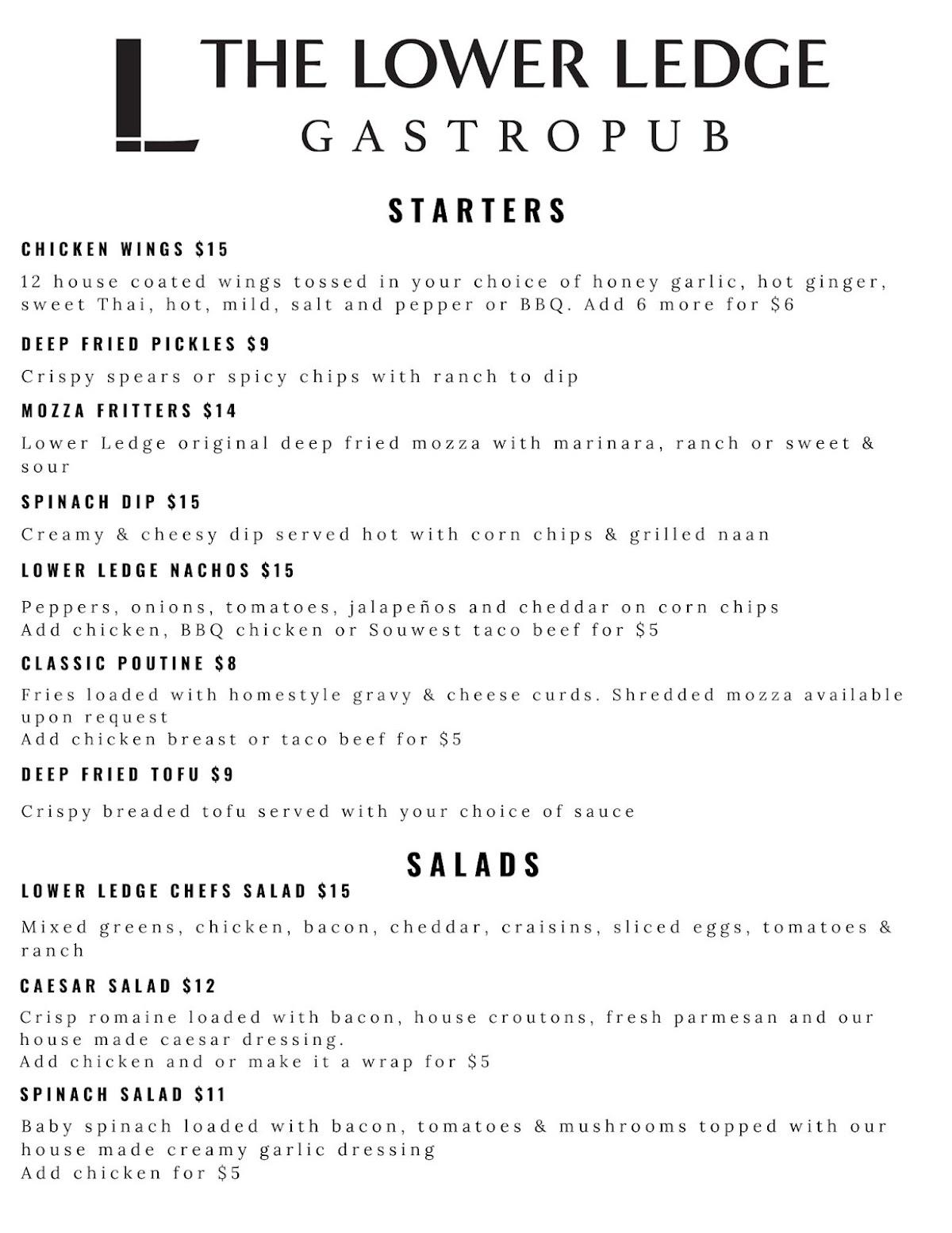 Menu at The Lower Ledge Gastropub, Doaktown, 30 ledges inn lane