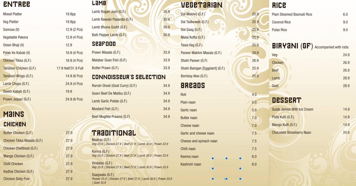 Menu at Bollywood Lounge Indian Restaurant, Karratha