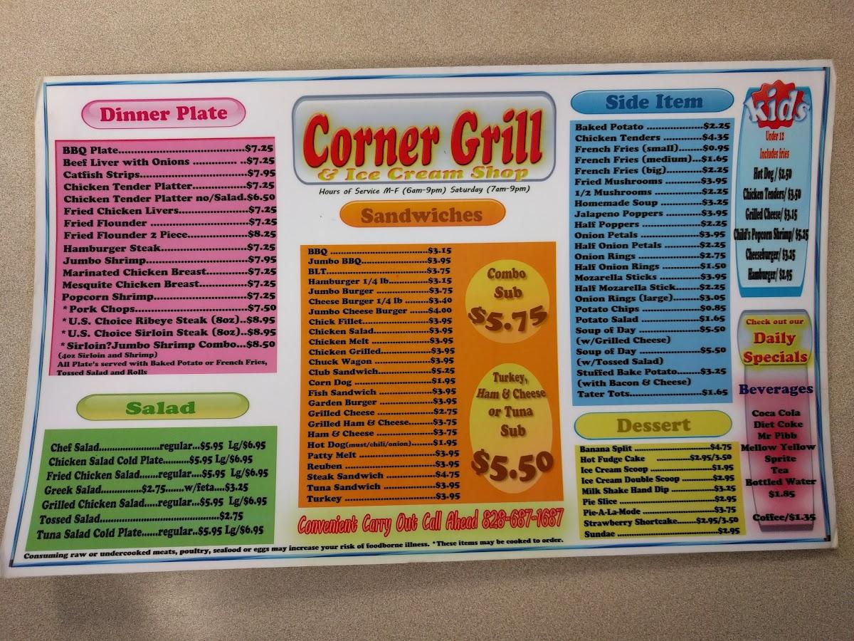Menu at Corner Grill restaurant, Avery Creek, Brevard Rd