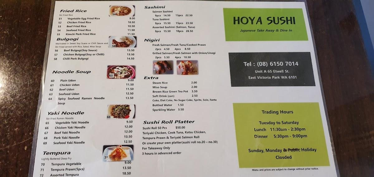 Menu at Hoya Sushi restaurant, East Victoria Park, 65A Etwell St