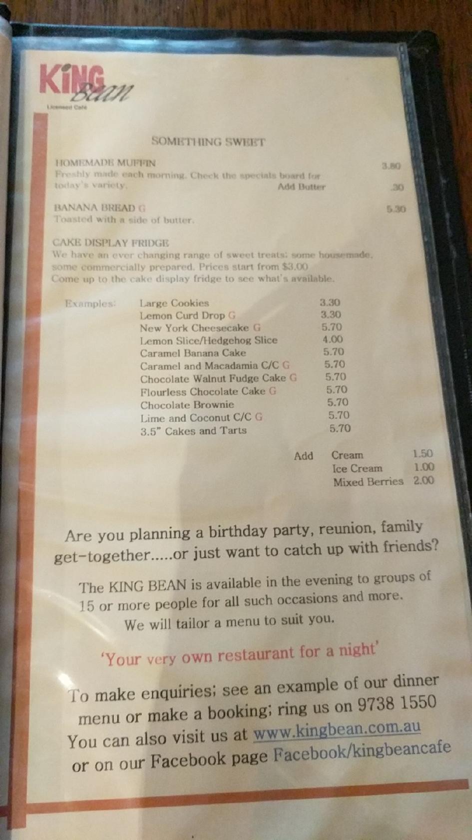 Menu at King Bean Cafe, Wantirna, Boronia Rd