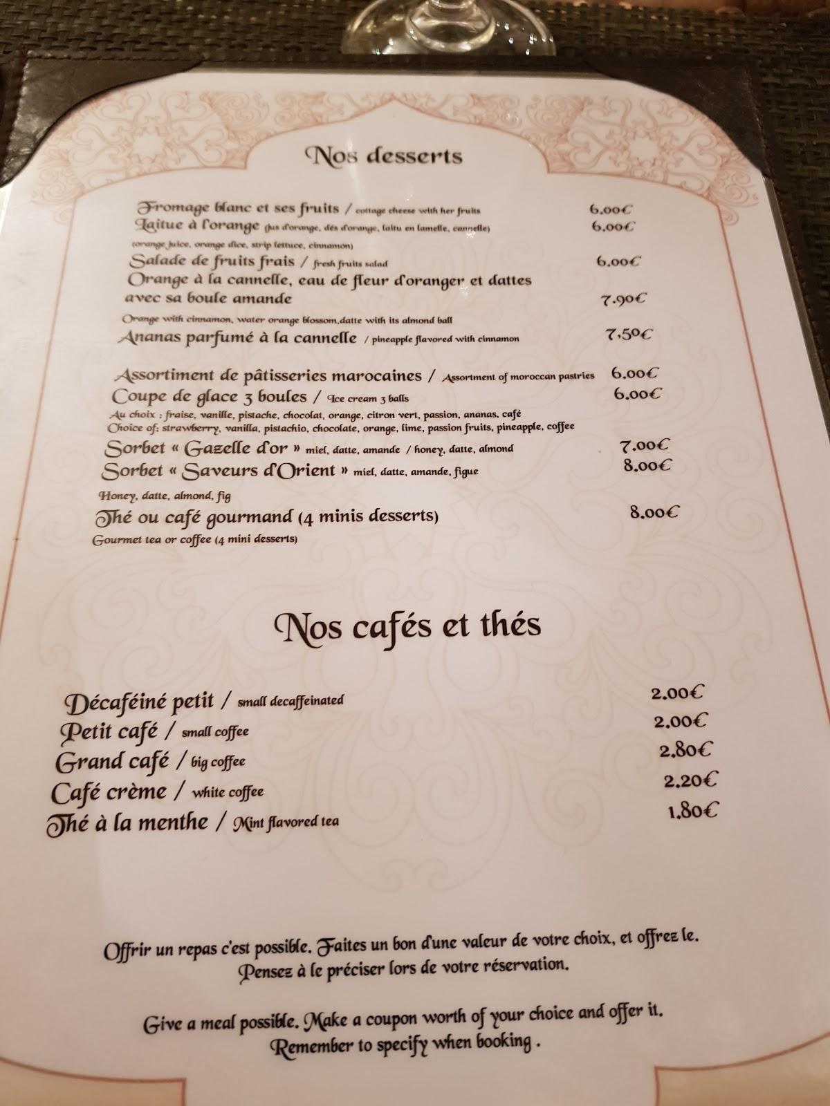 Carta del restaurante La Gazelle d'Or, Belfort