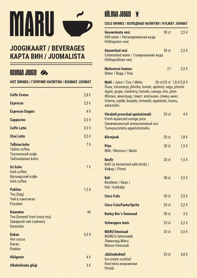Menu at Maru Catering cafe, Tallinn