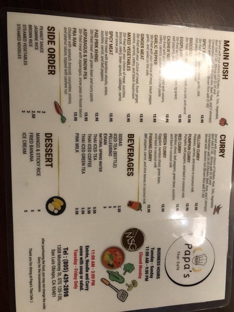 Menu at Papa's Thai Cafe, San Luis Obispo
