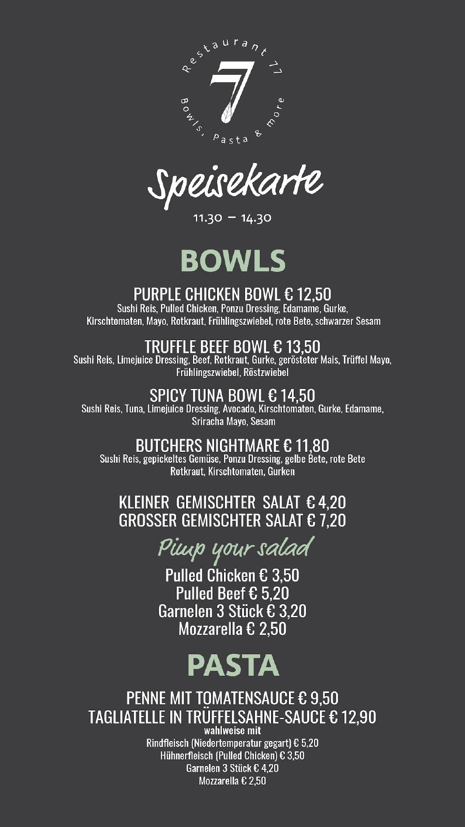 Menu at Restaurant 77, Innsbruck