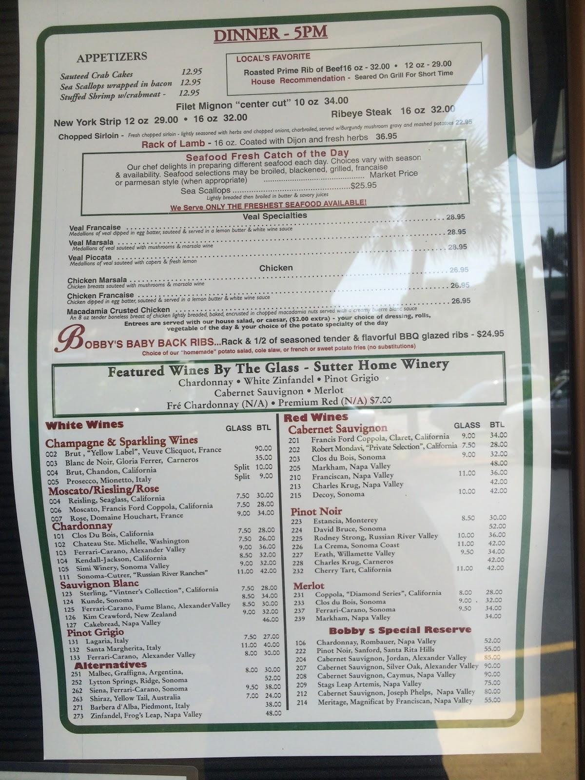 Menu at Bobby's Restaurant & Lounge, Vero Beach