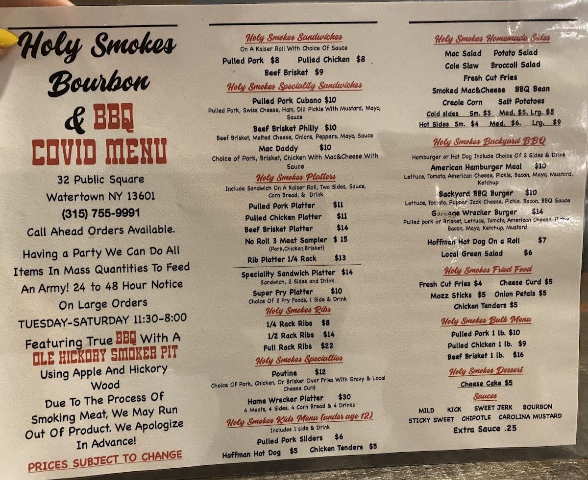 Menu at Holy Smokes Bourbon and BBQ, Watertown