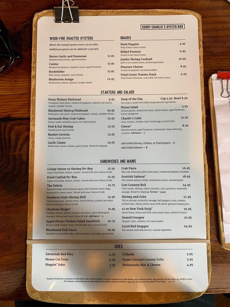 Menu at Sorry Charlie's Oyster Bar, Savannah