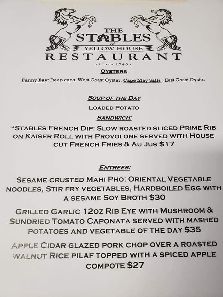 Menu at The Stables of Yellow House restaurant, Glen Mills