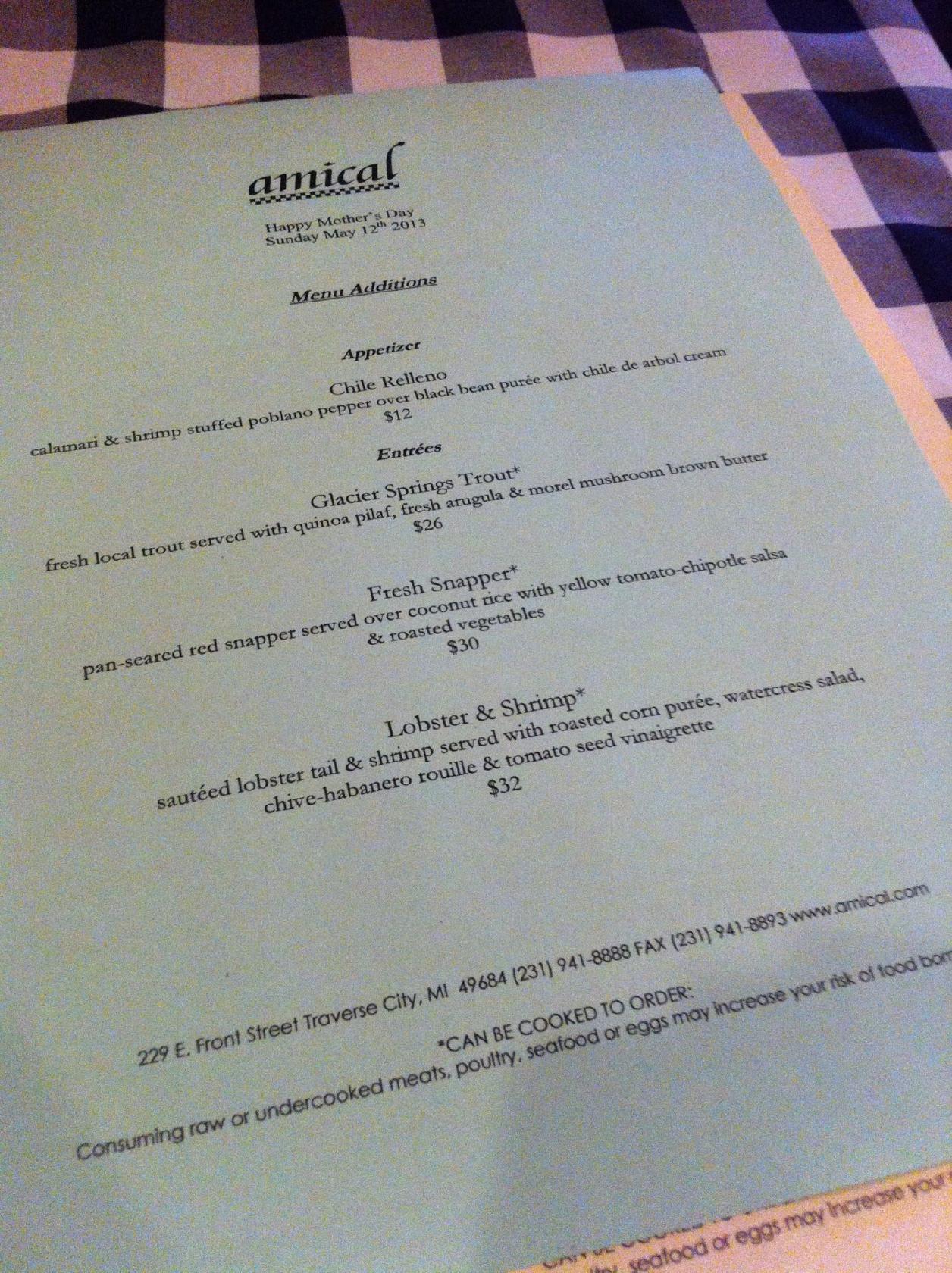 Menu at amical restaurant, Traverse City