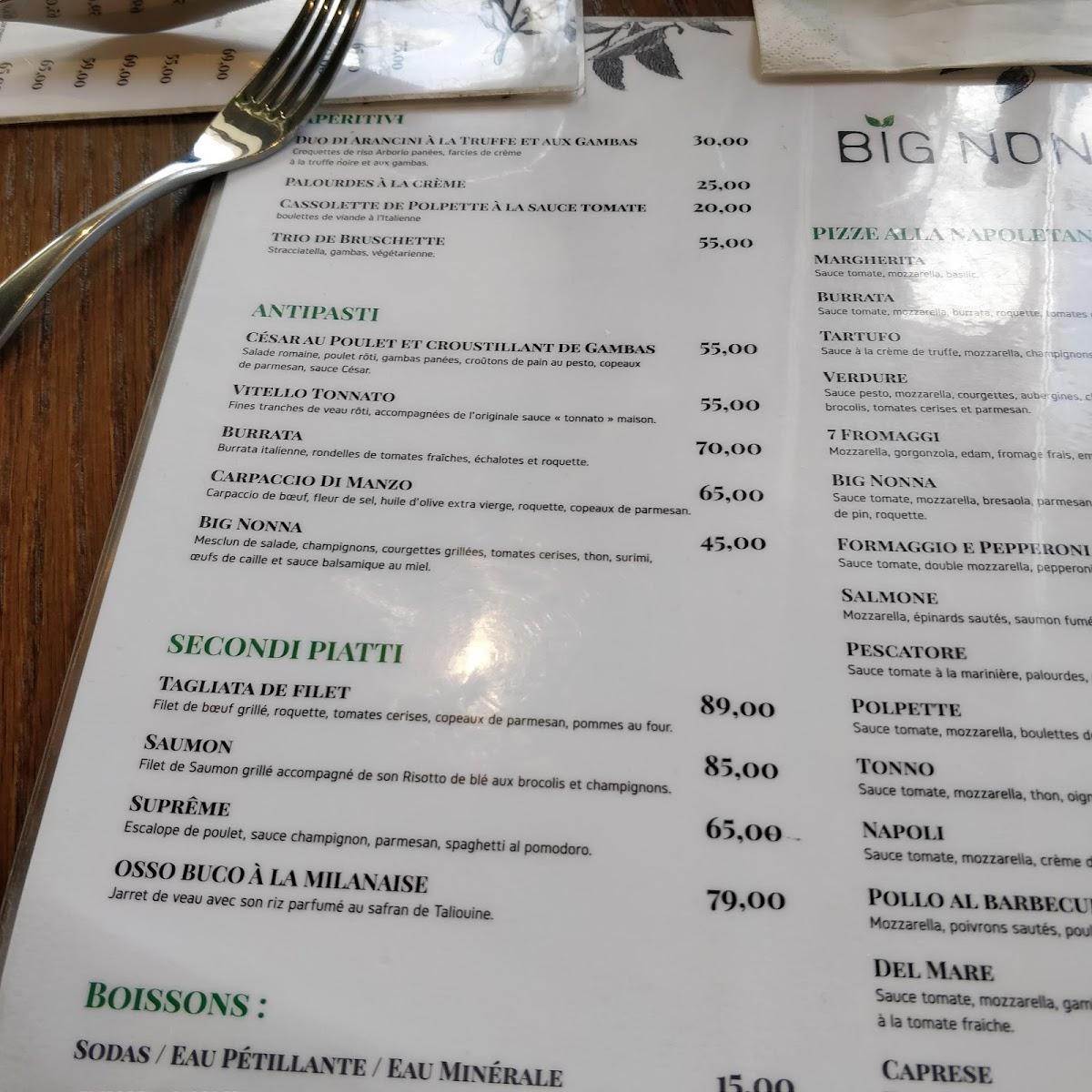 Menu au Big Nonna restaurant, Casablanca