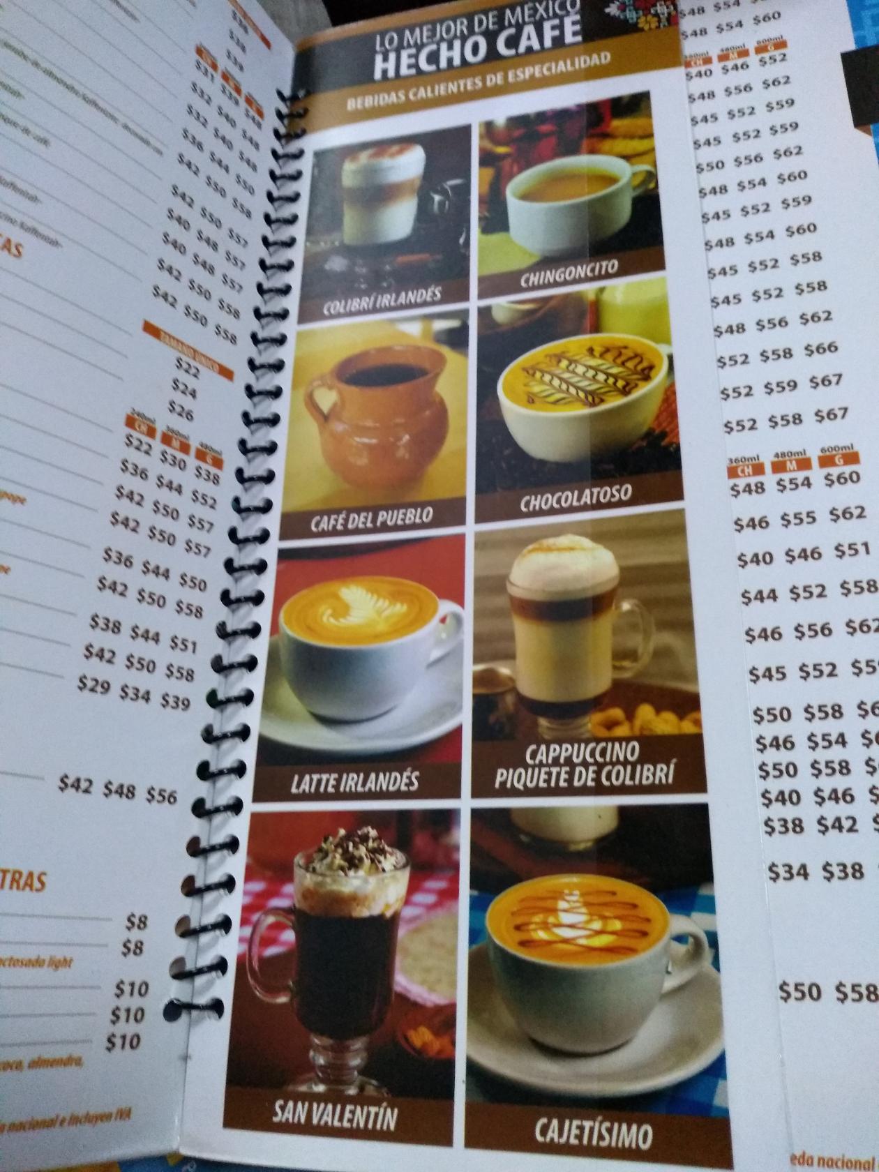 Carta de Café Colibrí, Xalapa Enríquez