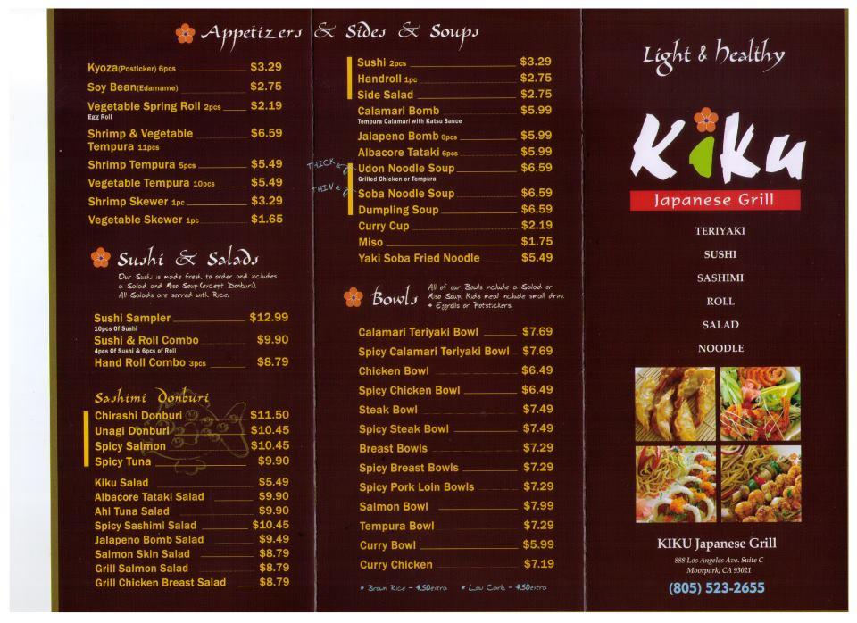 Menu at Kiku Japanese Grill restaurant, Moorpark