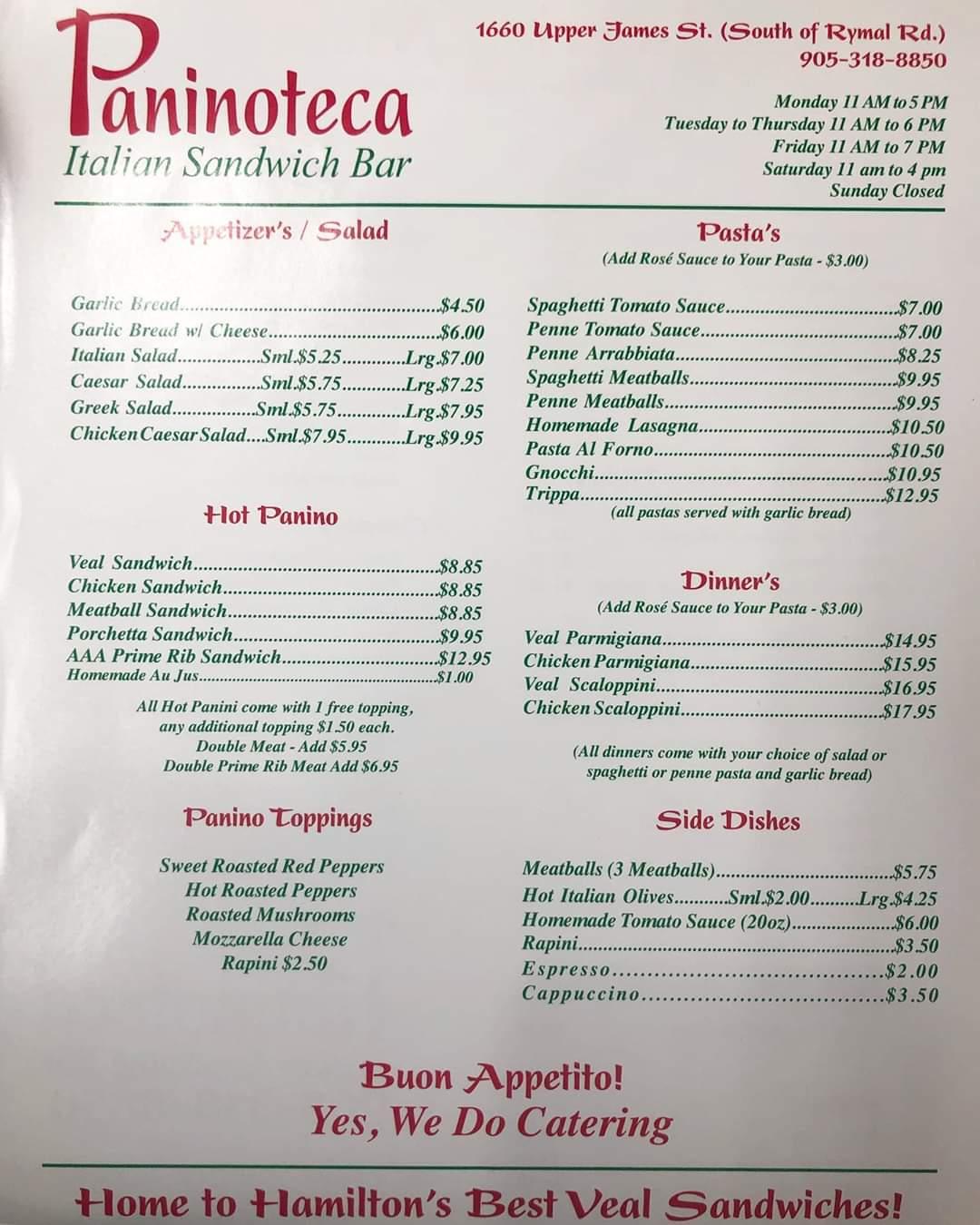Menu at Paninoteca restaurant, Hamilton