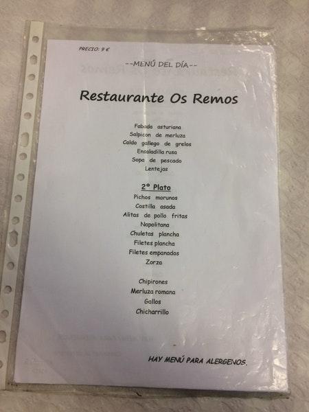 Carta de Restaurante Os Remos, Burela, Rúa do Río
