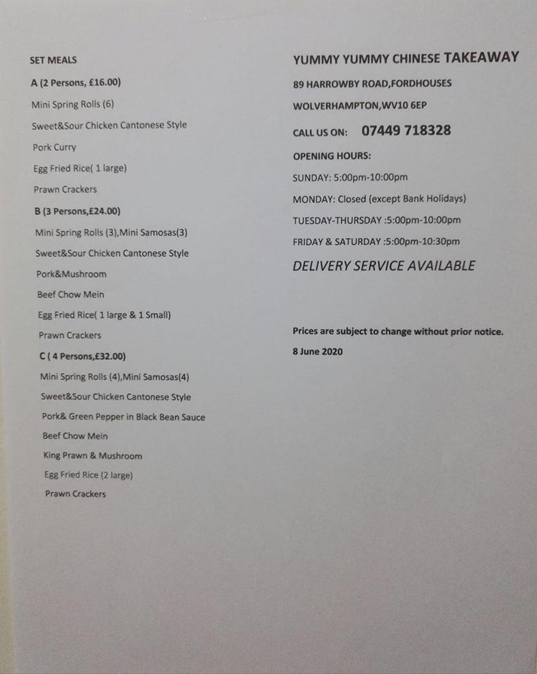 Menu at Yummy Yummy Rice House fast food, Wolverhampton, 89 Harrowby Rd