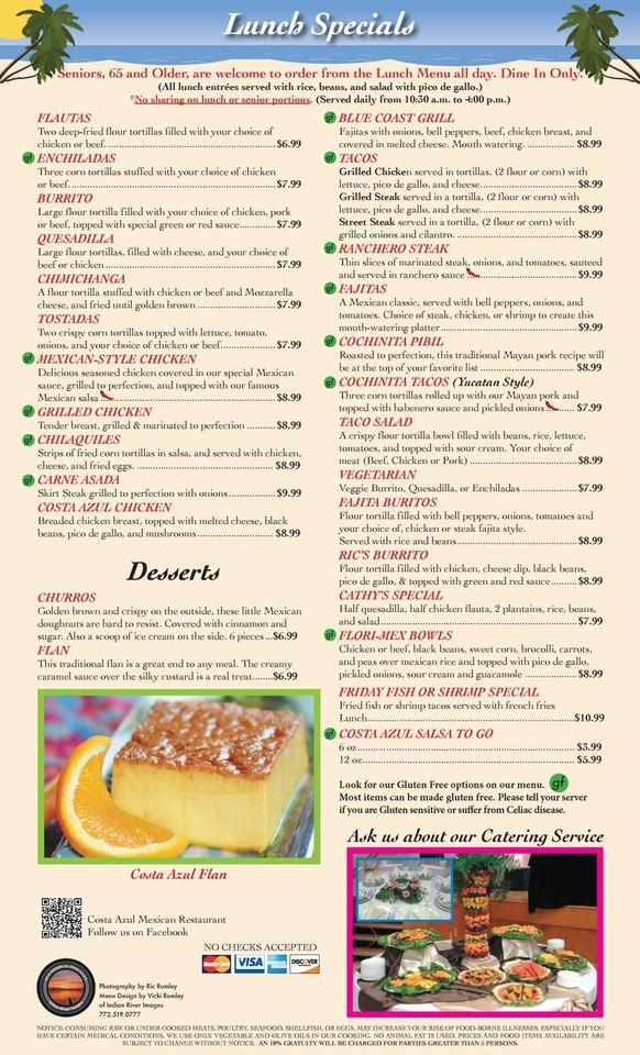 Menu at Costa Azul Mexican Restaurant, Fort Pierce, Okeechobee Rd