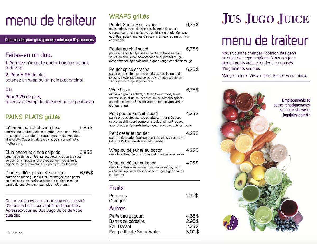 Menu at Jugo Juice pub & bar, Montreal, 895 Rue De La Gauchetière O #90-467