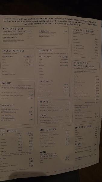 Menu at Mike's Cafe, London