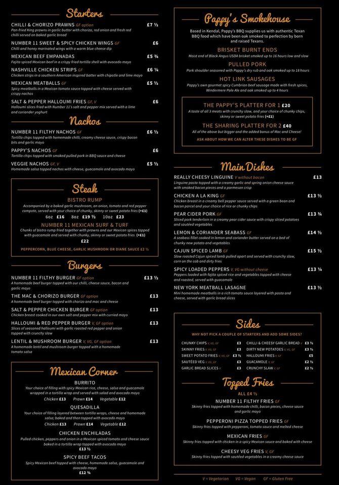Menu at Number 11 restaurant and bar, Whitehaven