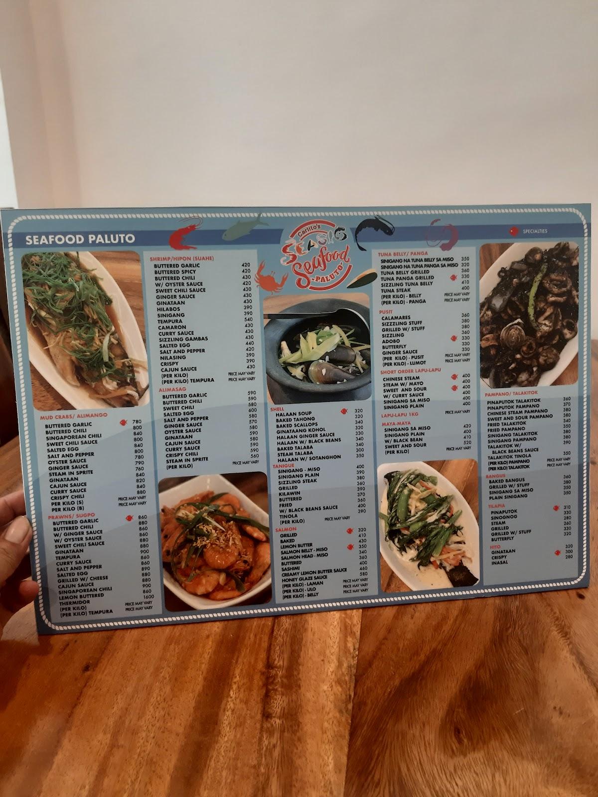Menu at Carlito's Seasig Seafood Paluto restaurant, Mandaluyong, barangay