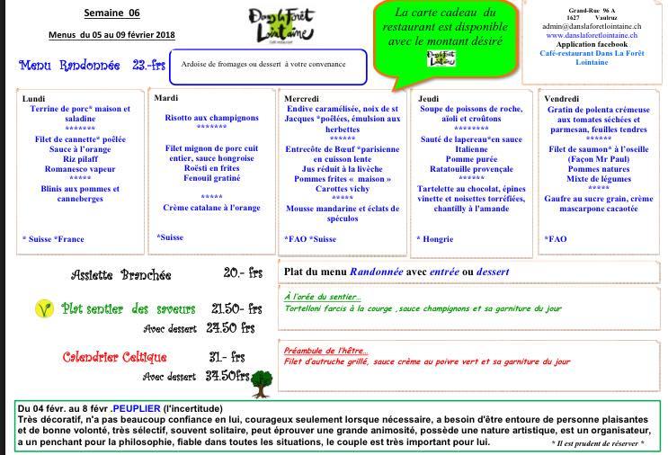 Menu at Dans La Forêt Lointaine, Vaulruz