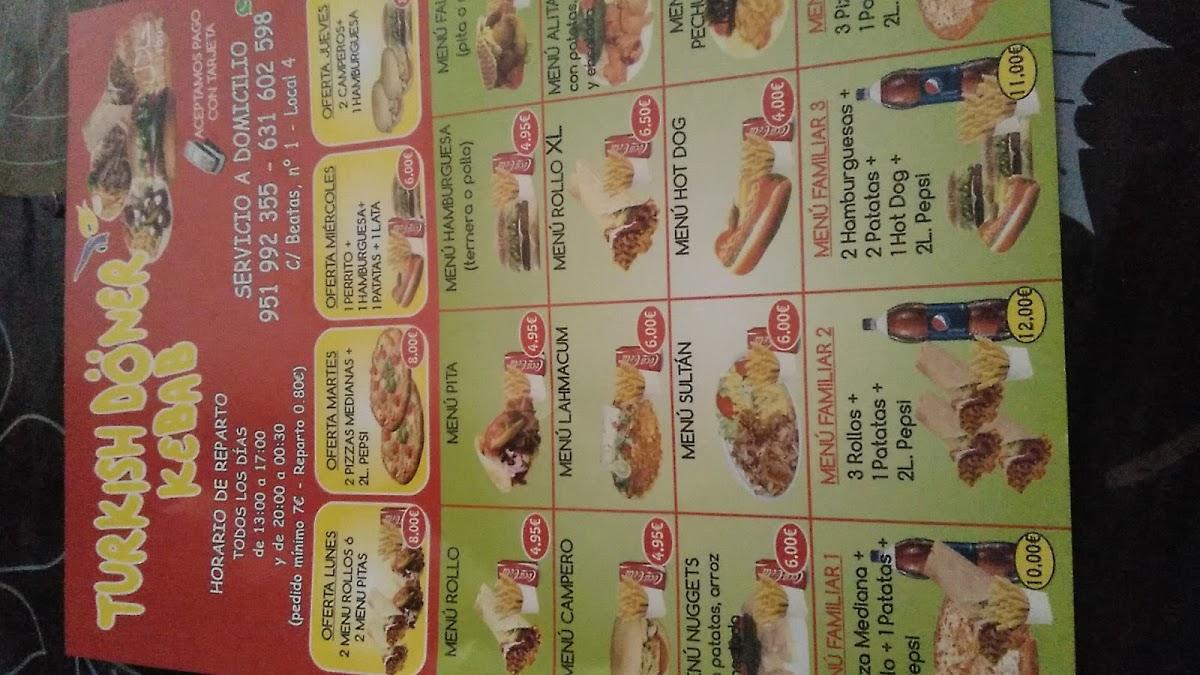 Menu at Turkish Doner Kebab restaurant, Málaga