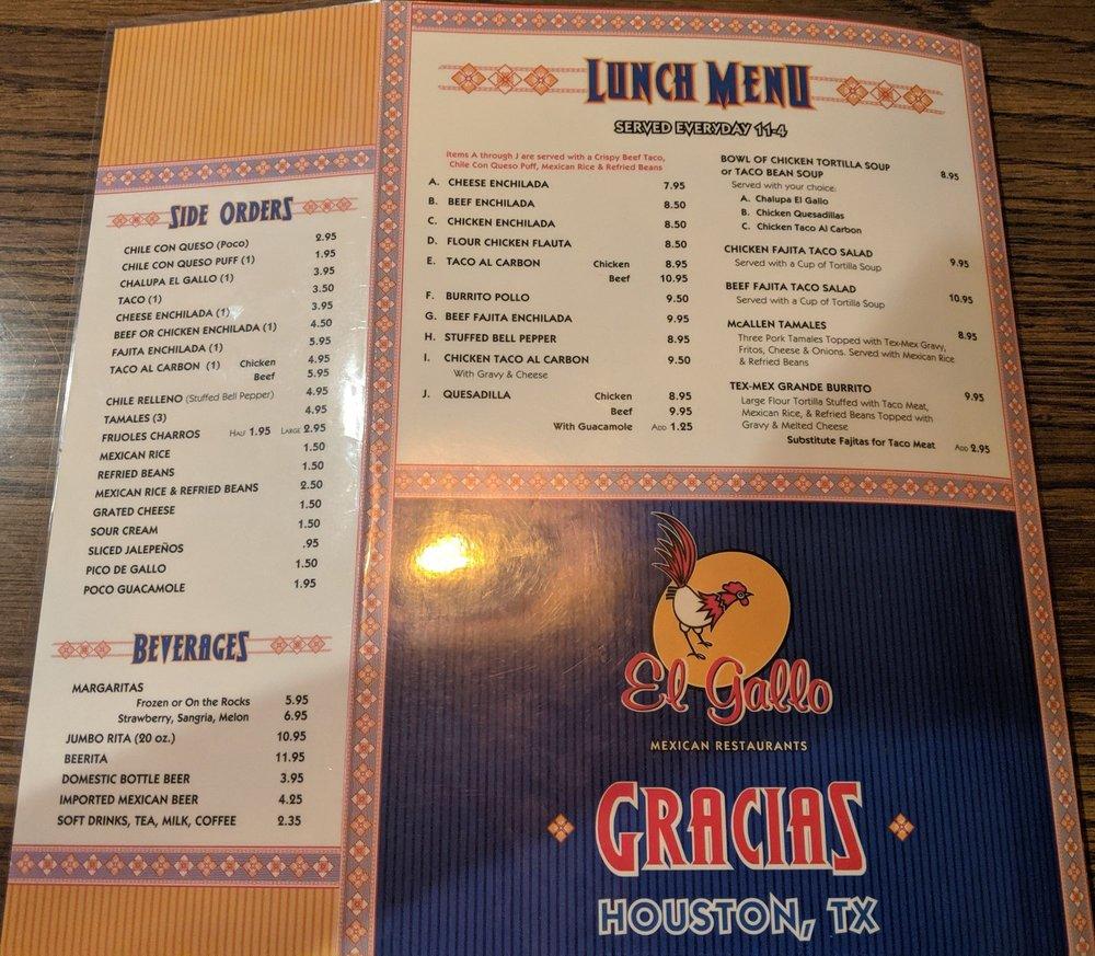 Menu at El Gallo restaurant, Houston, Jones Rd