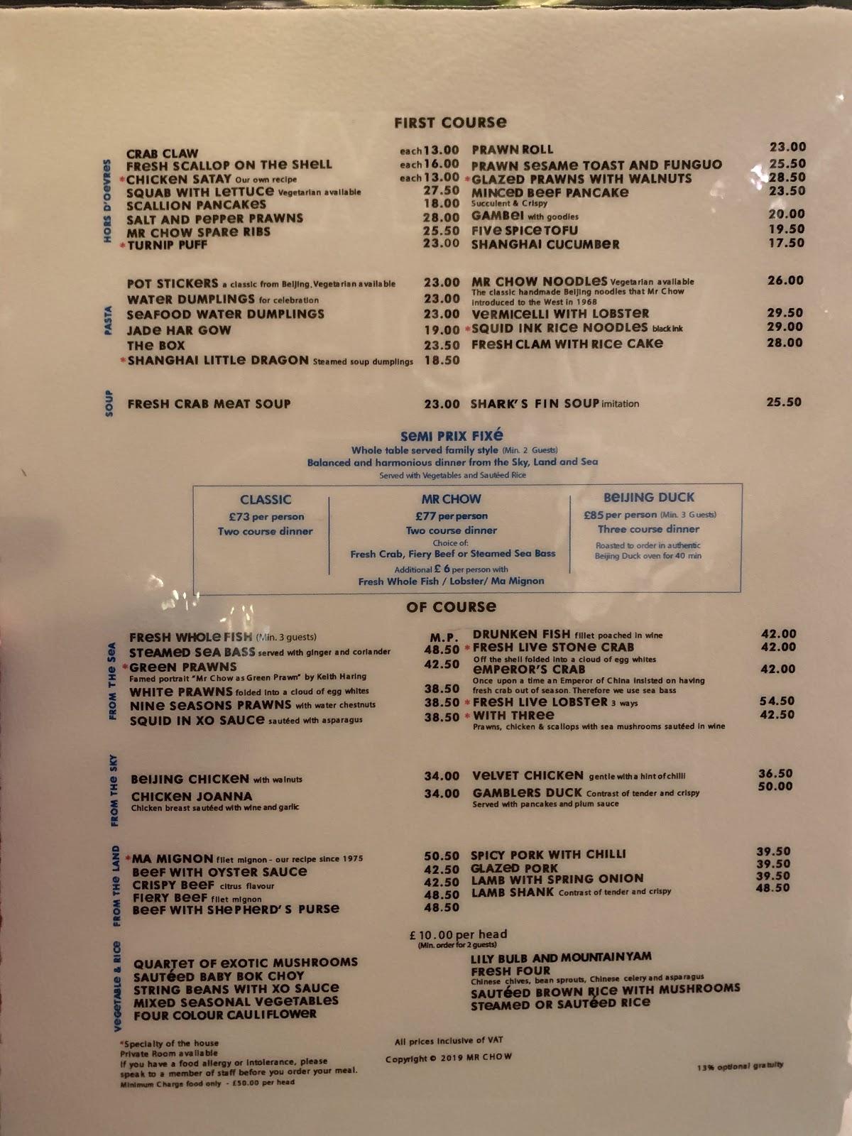 Menu at Mr Chow restaurant, London