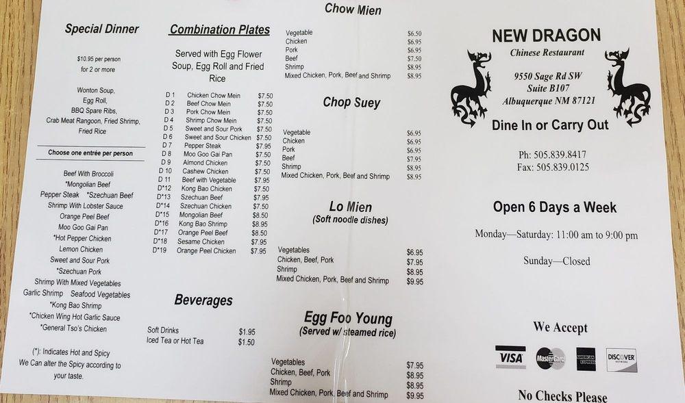 Menu at New Dragon restaurant, Albuquerque