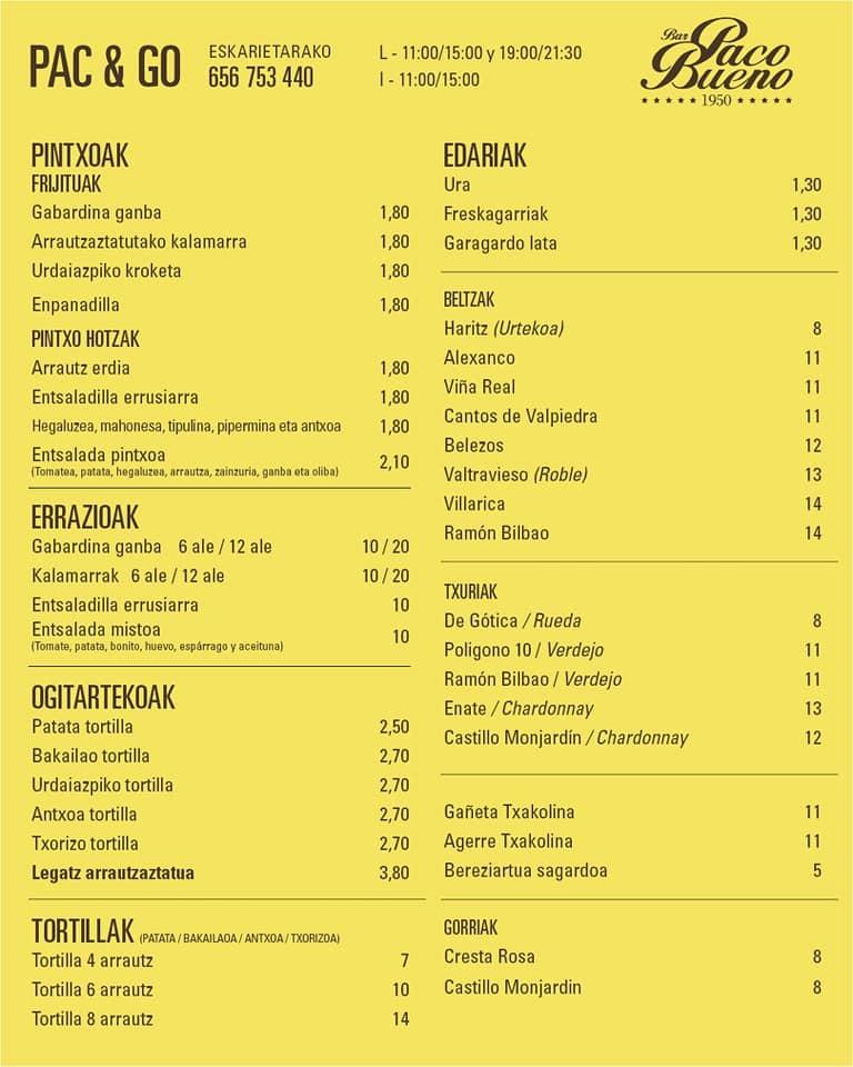 Menu at Paco Bueno pub & bar, San Sebastián