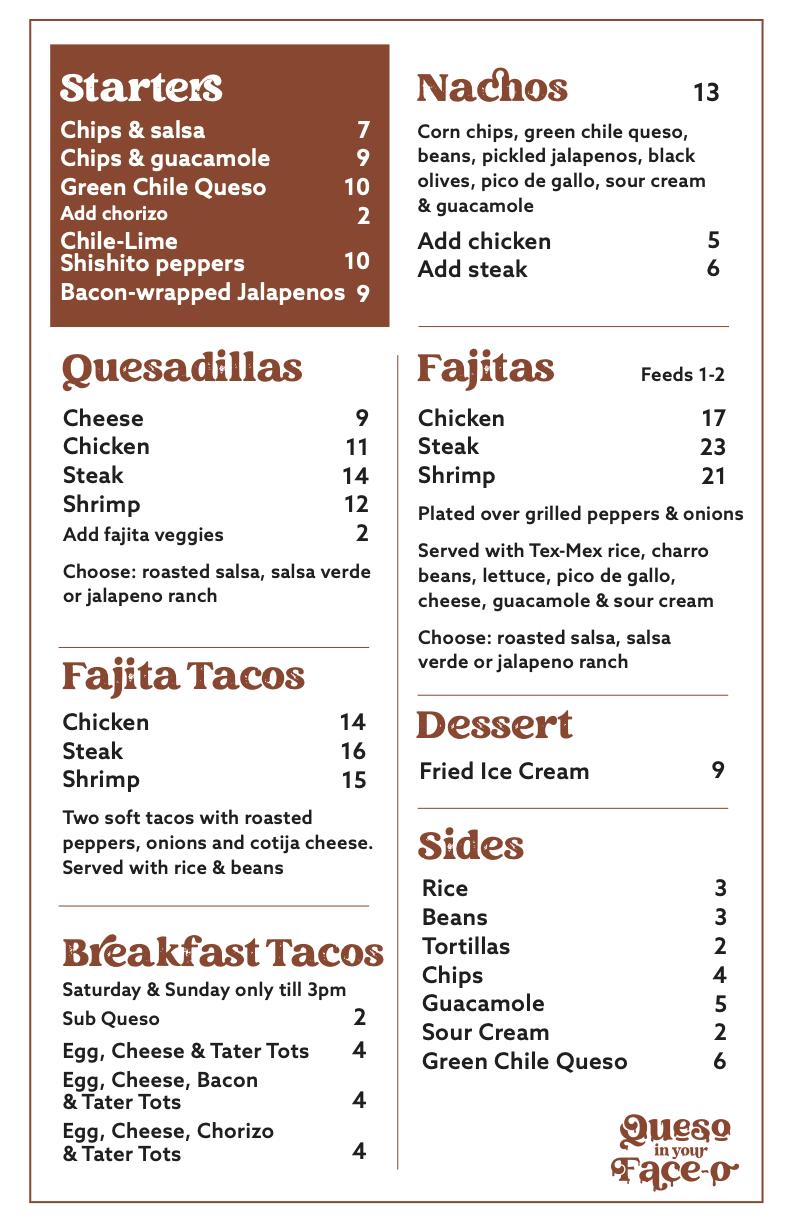 Menu at Queso In Your Face-O restaurant, Bend
