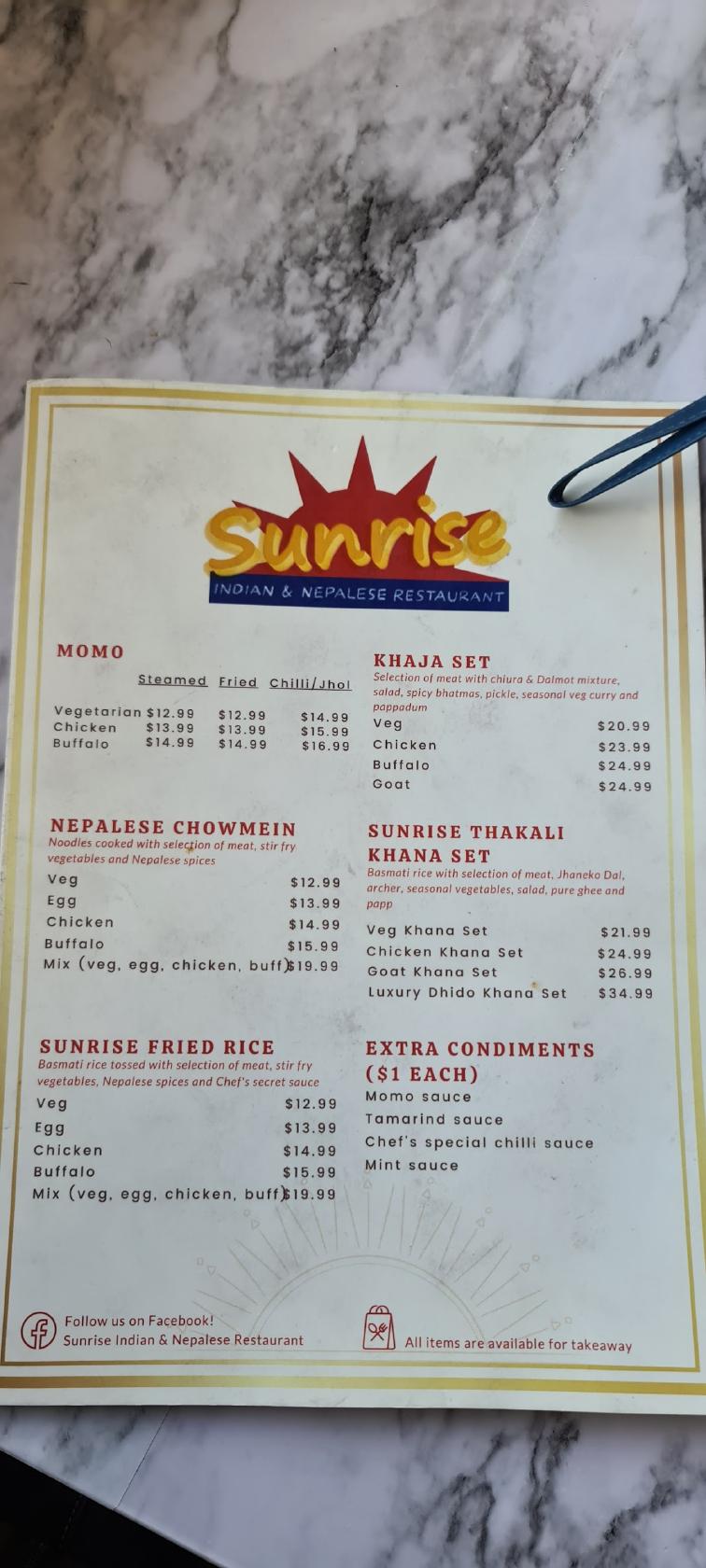 Menu at Sunrise Indian and Nepalese Restaurant, Plympton