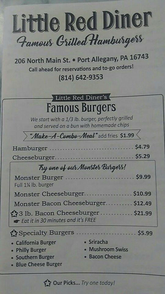 Menu at The Little Red Diner restaurant, Port Allegany