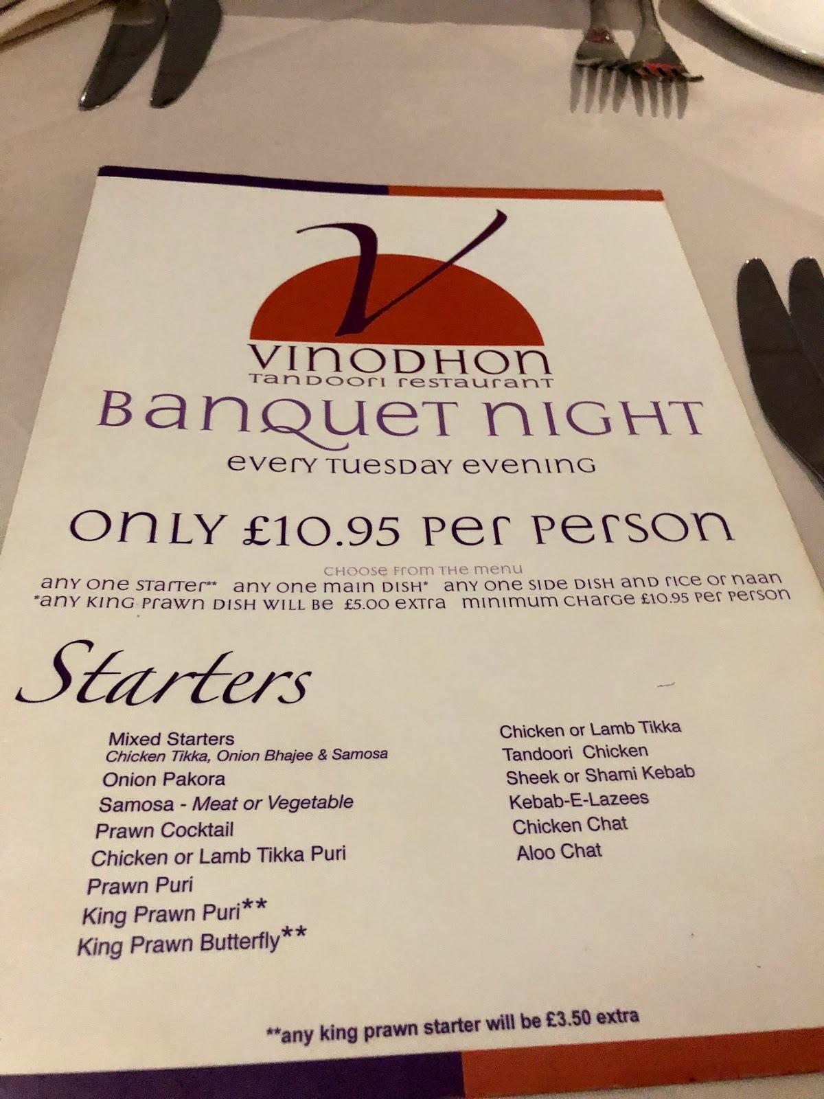 Menu at Vinodhon Tandoori restaurant, Hythe