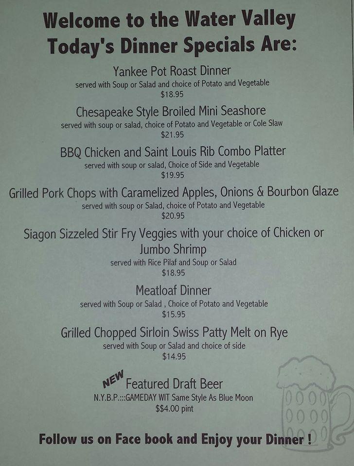 Menu at Water Valley Inn restaurant, Hamburg