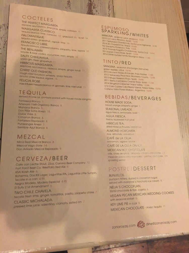 Menu at Zona Rosa restaurant, Los Gatos