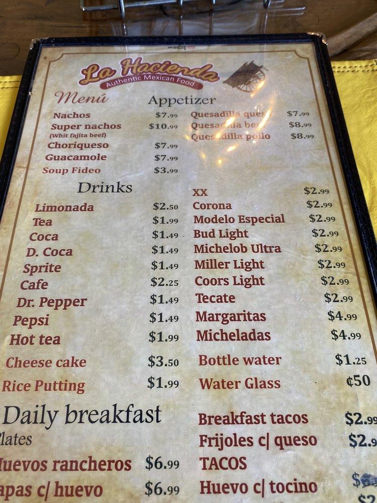 Menu at La Hacienda restaurant, Del Rio, 330 Pecan St