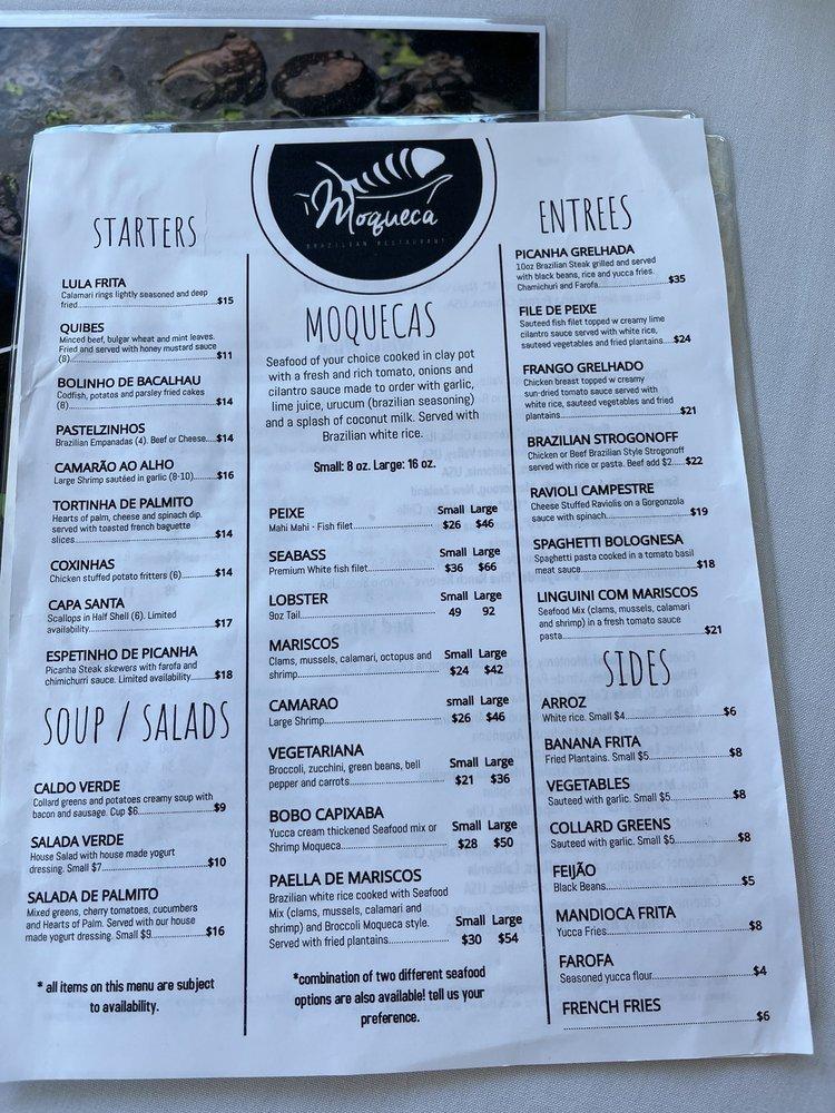 Menu at Moqueca Brazilian Cuisine restaurant, Oxnard