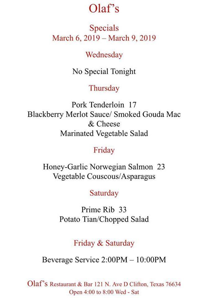 Menu at Olaf's Restaurant and Bar, Clifton