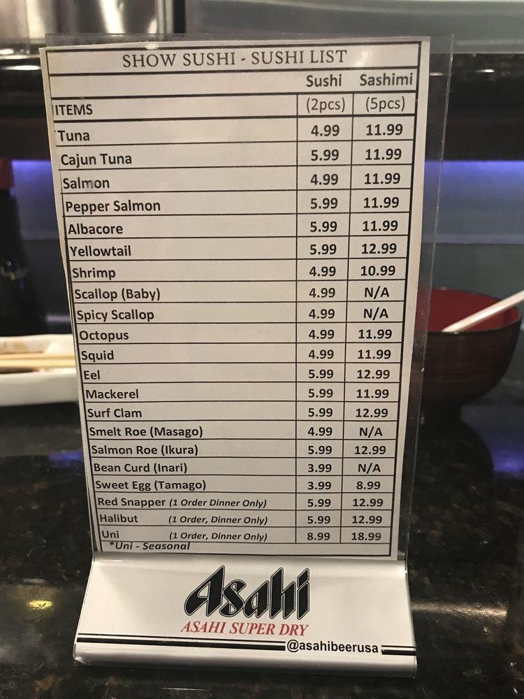 Menu at Show Sushi restaurant, San Dimas