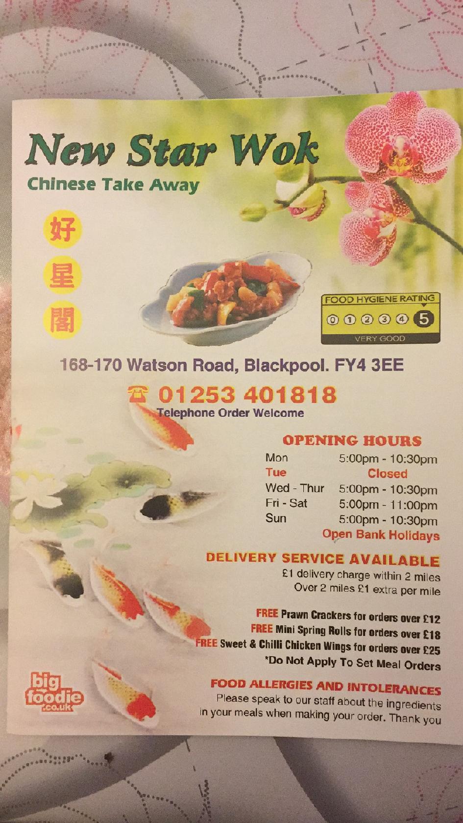 Menu at Star Wok restaurant, Blackpool