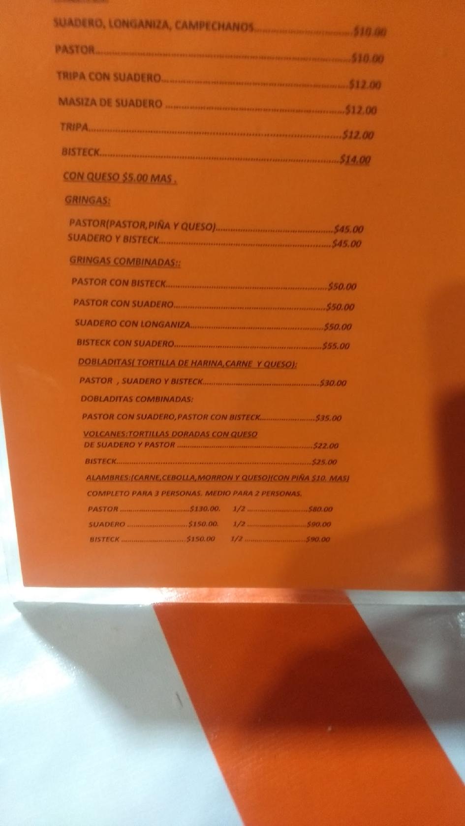 Menu at Taquería Toñito restaurant, Mexico