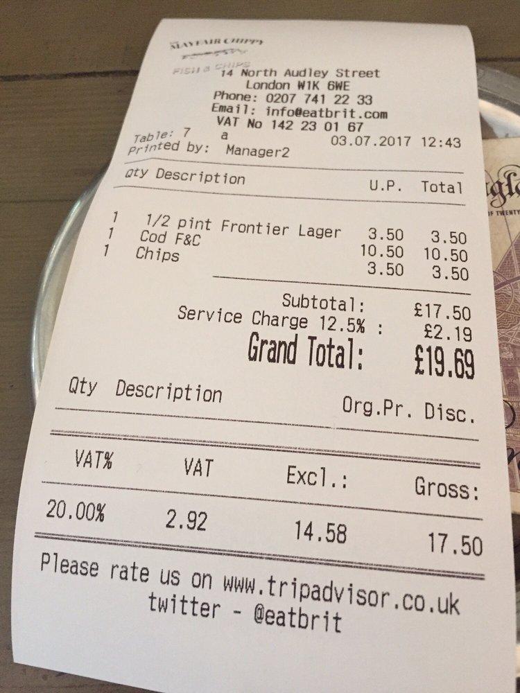 Menu at The Mayfair Chippy restaurant, London, 14 N Audley St