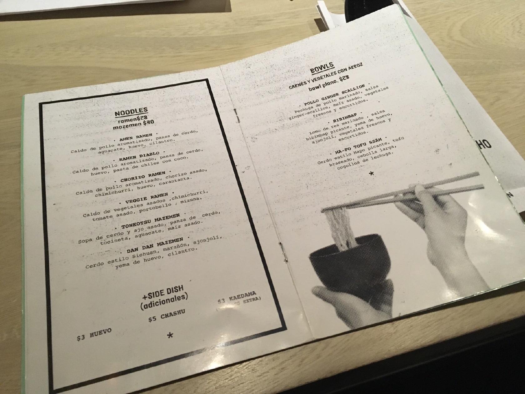 Menu at Amen Ramen restaurant, Bogotá