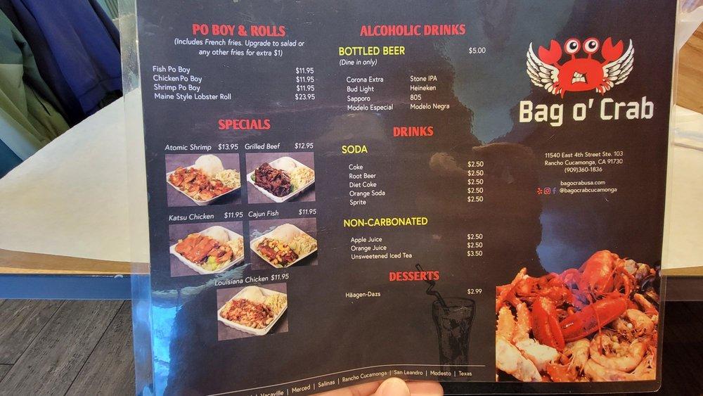 Menu at Bag O' Crab restaurant, Rancho Cucamonga