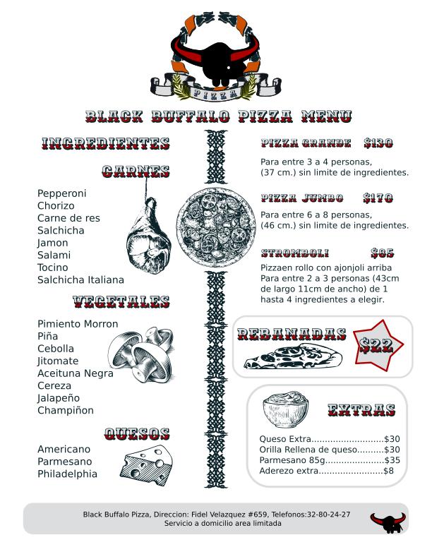 Menu at Black Buffalo Pizza restaurant, Guadalajara