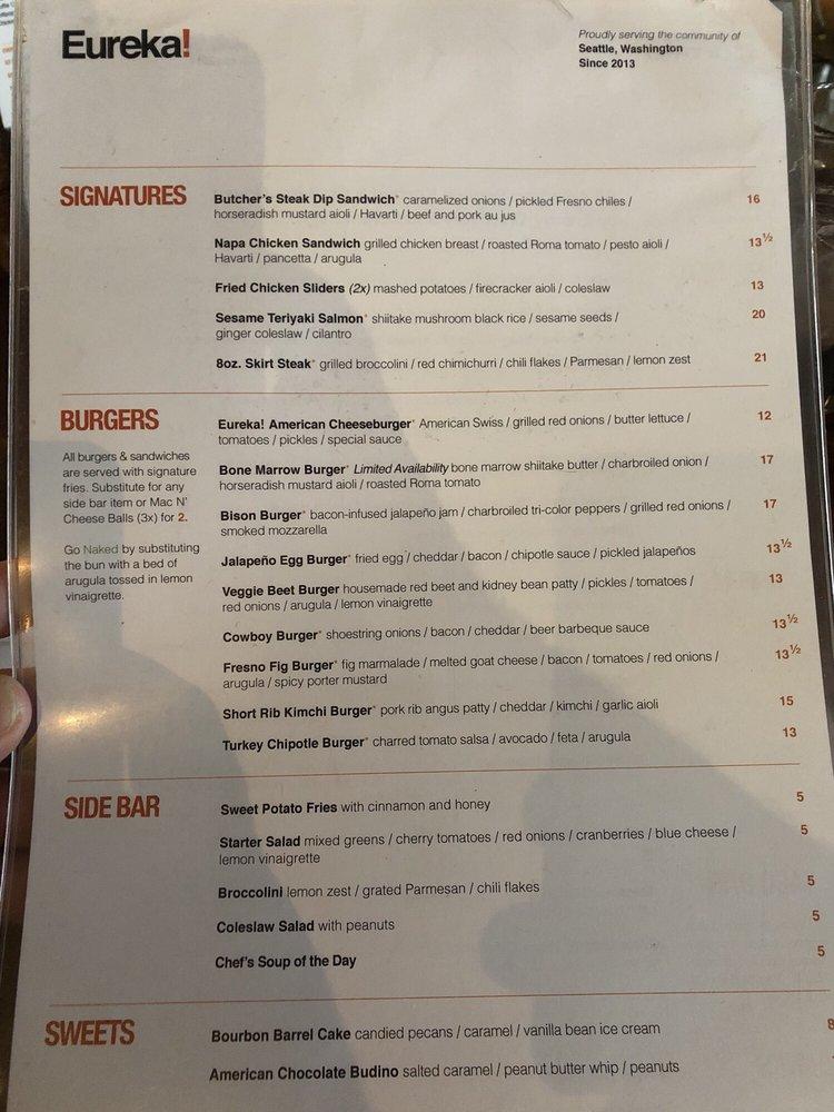 Carta del restaurante Eureka!, Seattle